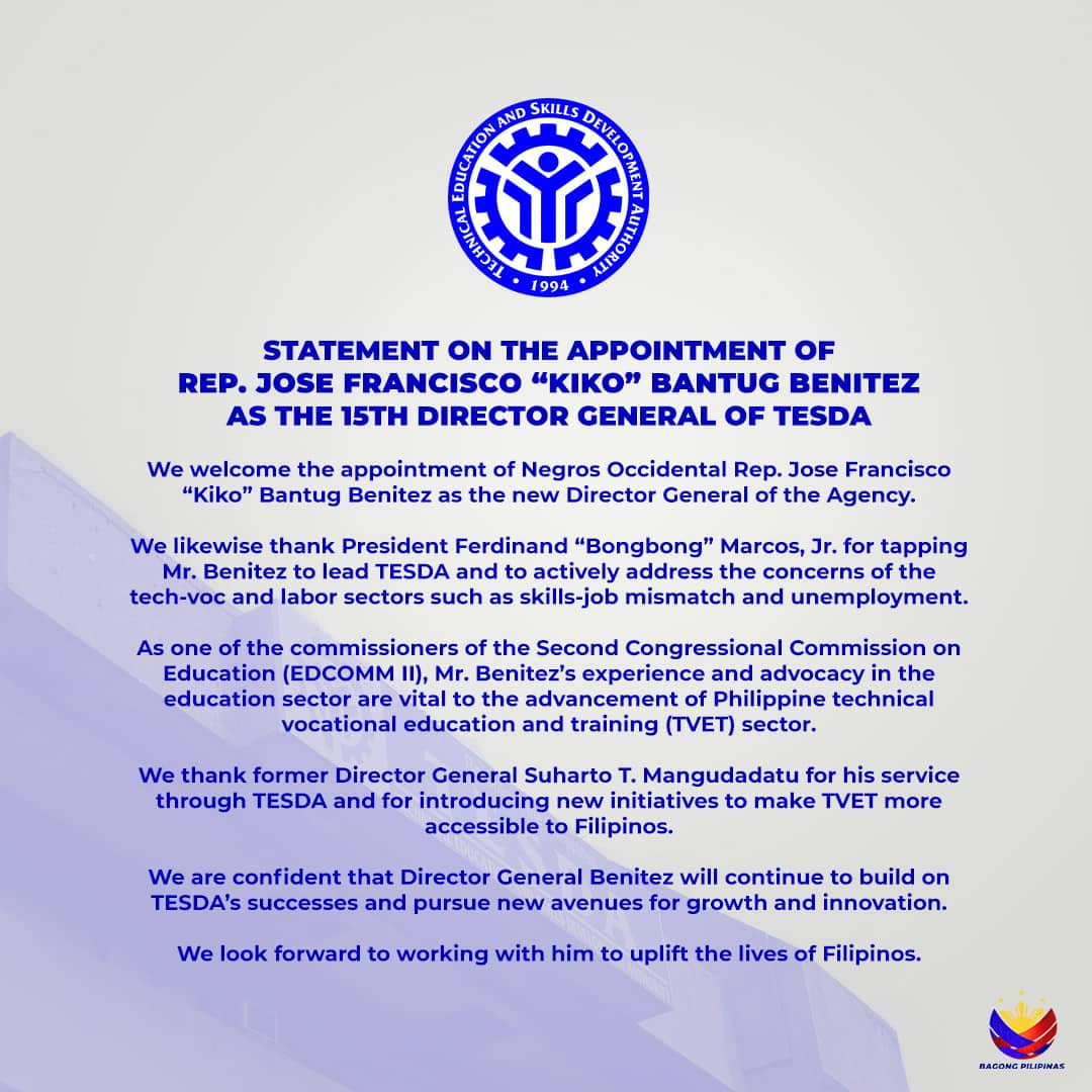 Welcoming Rep. Kiko Benitez as TESDA’s 15th Director General – TESDA ...